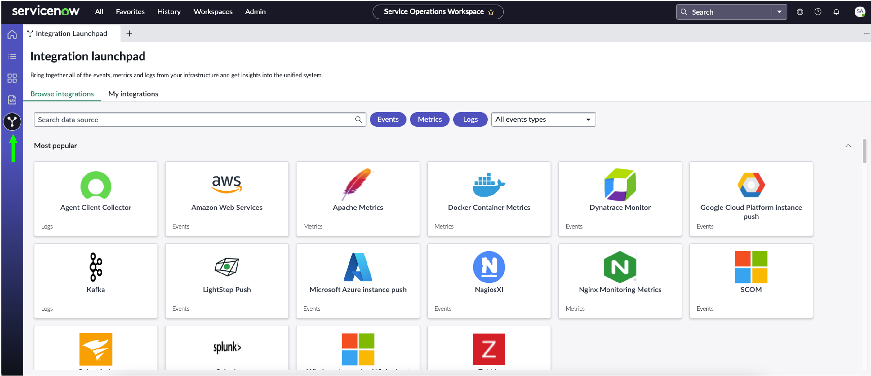 Service Operations Workspace Integrations launchpad