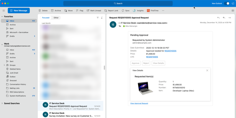 Outlook Actionable Messages - ServiceNow App
